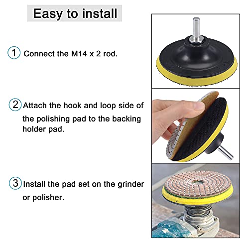 uxcell 4 Inch 10000 Grit Diamond Wet Polishing Pad Set, for Stone Concrete Marble Grinder or Polisher, with M14 Hook and Loop Backing Holder Pad Connecting Rod
