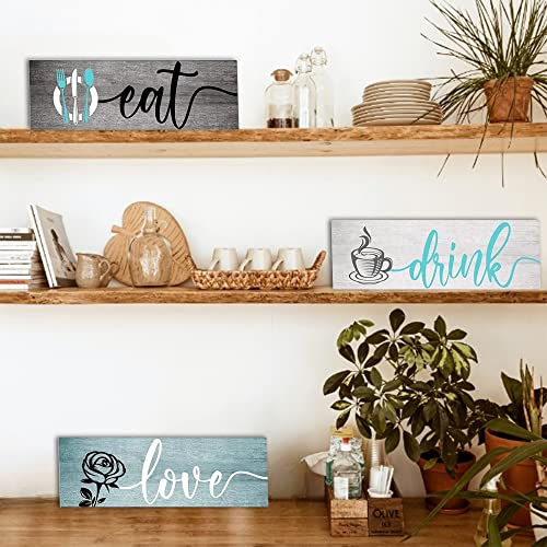Creoate Teal Kitchen Wall Decor Art, Set of 3- Eat Drink and Love Wood Plaque, Dinning Room Wall Art Rustic Farmhouse Decor, Turquoise, Gift for Home