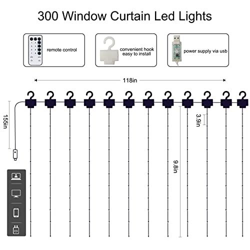 GIREALO Starry Window Curtain String Light Warm White 300 LED 8 Lighting Modes USB Powered Fairy Lights Remote Control Strip Lights for Bedroom Home-Party Wall Decorations