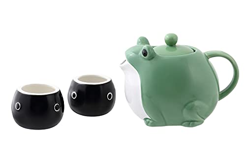 HAKONE YOSEGI Frog Teapot & Teacup Cute Tableware Japanese tea set, Tea Service Set Ceramic Tea Pot (30 oz), 2-Piece Tea Cups (5 oz) (tea pot & 2 tea cup)