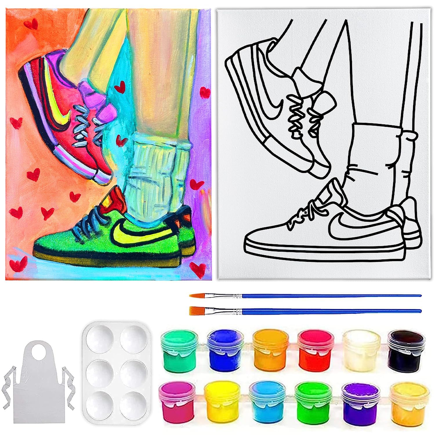 INDIGO ART STUDIO 8" by 10" Pre Drawn Canvas Sneakers #5 Acrylic Painting Art Activity 12 Premium Colors 2 Paint Brushes Smock Kids & Adult Sip and Paint Party Favor Party Suplies