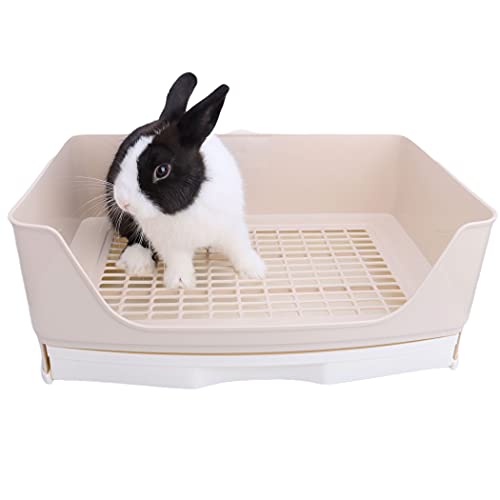 RUBYHOME Oversize Rabbit Litter Box with Drawer, Corner Toilet Box with Grate Potty Trainer, Bigger Pet Pan for Adult Guinea Pigs, Chinchilla, Ferret, Galesaur, Small Animals, 16.9 inch Long (White)