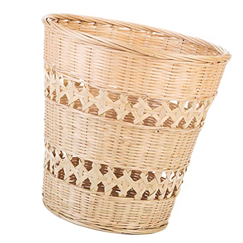 Hemoton Shelf Woven Rubbish Basket Round Bamboo Waste Basket Rattan Trash Can Straw Storage Baskets Wooden Garbage Can Decorative Laundry Hamper Flower Basket Vase Woven Wastebasket Office Decor