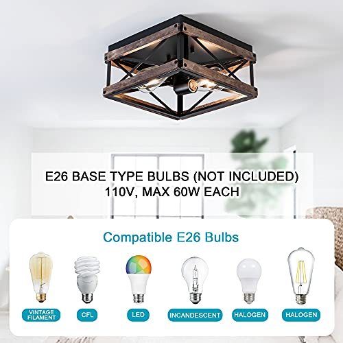Mayful Flush Mount Light Fixture, 2-Light Rustic Ceiling Light Combine with Metal and Wood Frame, Farmhouse Flush Mount Ceiling Light for Kitchen Hallway Entryway Bedroom Porch Living Room…