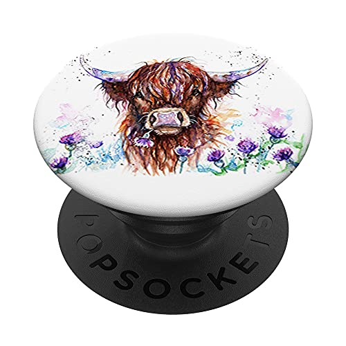 Highland Cow and flowers painting art PopSockets Swappable PopGrip