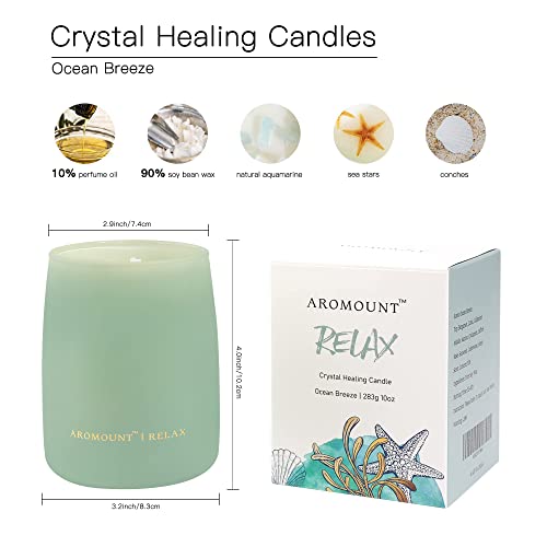 Ocean Breeze Scented Candle with Crystal Inside, Healing Aquamarine Crystal Candle with Sea Star & Conch Decors, 10oz Soy Wax 55 Hours Long Lasting Burn, Perfect Spiritual Aromatherapy Gift | Relax