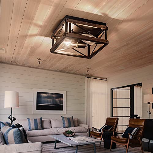 Mayful Flush Mount Light Fixture, 2-Light Rustic Ceiling Light Combine with Metal and Wood Frame, Farmhouse Flush Mount Ceiling Light for Kitchen Hallway Entryway Bedroom Porch Living Room…