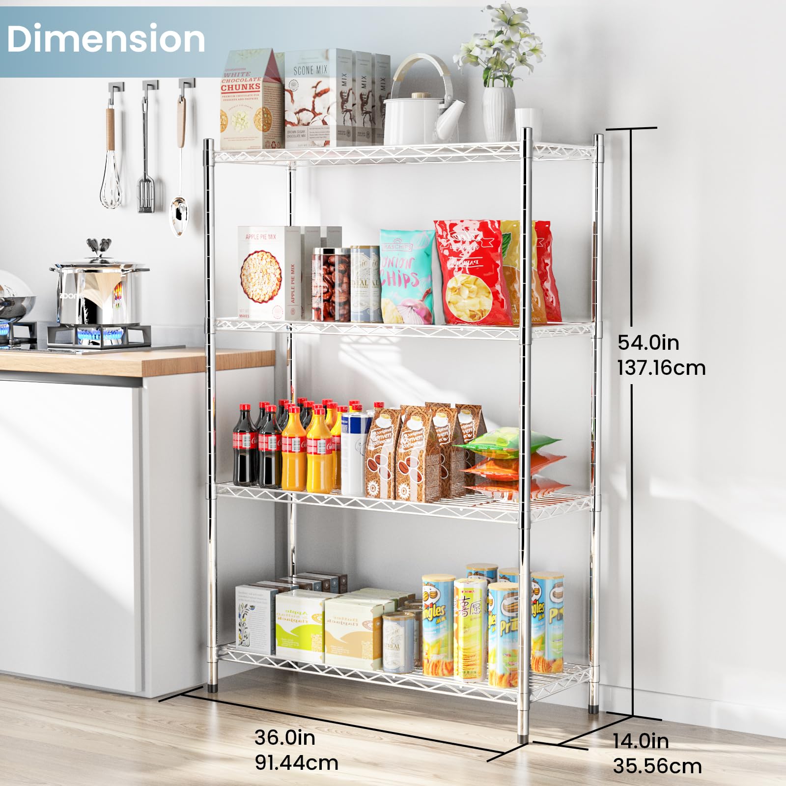Whitmor Supreme 4 Tier Adjustable Shelves and Leveling Feet, Chrome