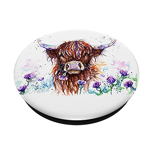 Highland Cow and flowers painting art PopSockets Swappable PopGrip