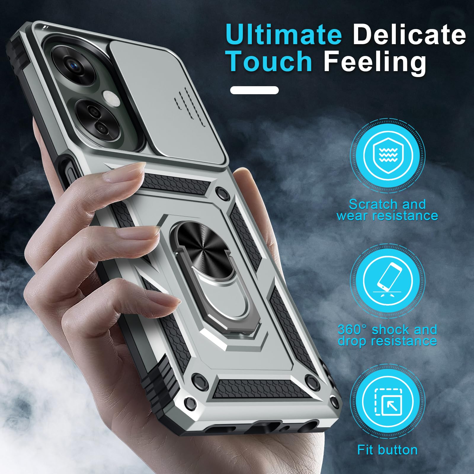 Janmitta Compatible with OnePlus Nord N30 5G Case Built in Slide Camera Lens Cover+Screen Protector+Finger Ring Holder Kickstand,Heavy Duty Shockproof Full Body Protective Phone Cover,2023 Silver
