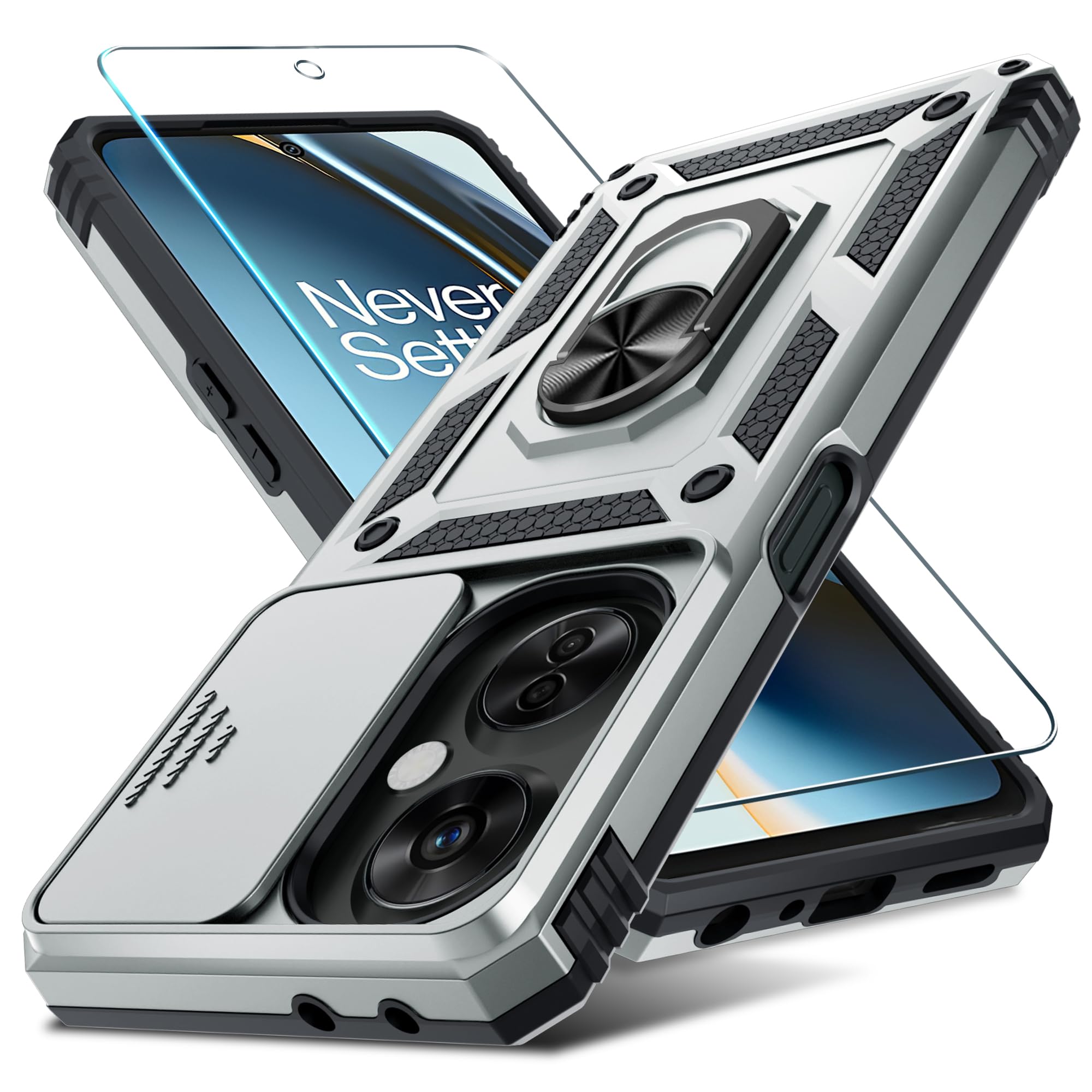 Janmitta Compatible with OnePlus Nord N30 5G Case Built in Slide Camera Lens Cover+Screen Protector+Finger Ring Holder Kickstand,Heavy Duty Shockproof Full Body Protective Phone Cover,2023 Silver