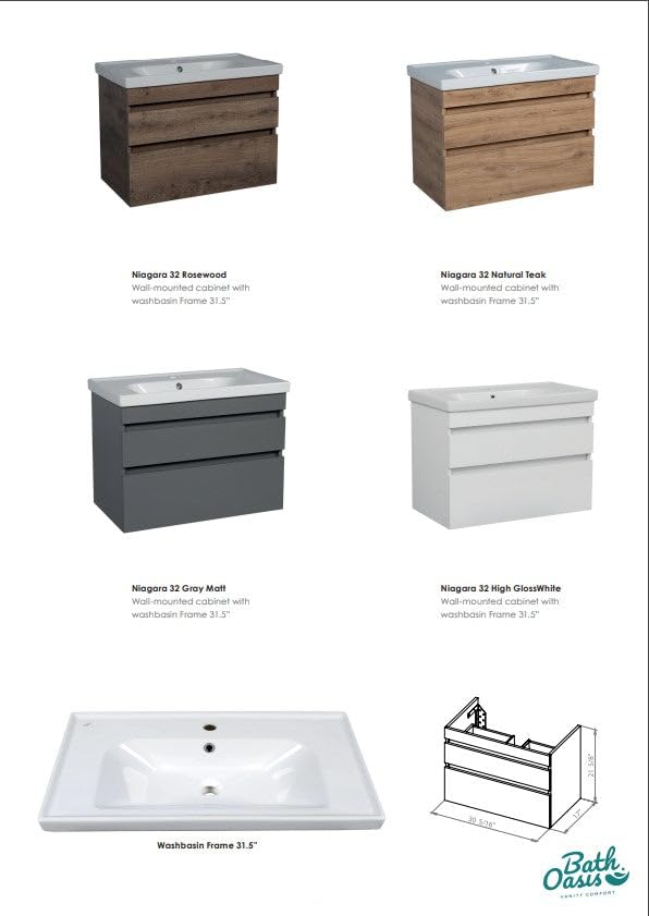 Modern Wall-Mounted Bathroom Vanity with Washbasin | Niagara White High Gloss Collection with Side Vanity Cabinet | Non-Toxic Fire-Resistant MDF-44 (32+12)-Omega Collection 24"