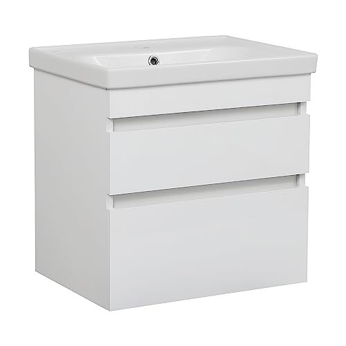 Modern Wall-Mounted Bathroom Vanity with Washbasin | Niagara White High Gloss Collection with Side Vanity Cabinet | Non-Toxic Fire-Resistant MDF-44 (32+12)-Omega Collection 24"