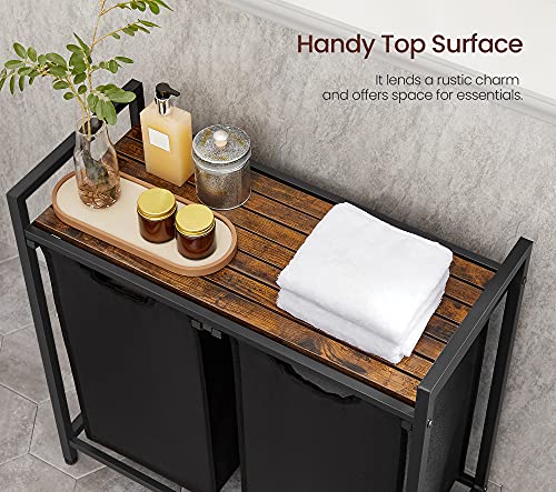 VASAGLE Laundry Basket, 2-Compartment Laundry Hamper, Pull-Out and Removable Laundry Bags, Oxford Fabric, Metal Frame, 2 x 12.2L, 28.7 x 13 x 28.3 Inches, Rustic Brown and Black UBLH201B01