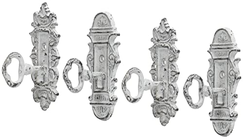 Red Co. Decorative Vintage Inspired Metal Wall Hanging Hooks in Distressed White Finish – Key & Lock – Set of 4