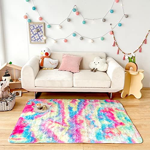 NEWCOSPLAY Faux Fur Area Rug Rainbow Tie Dye Carpet Playing Mat for Girls Bedroom Living Room Home Décor (4' x 5.3', Dark Rainbow)
