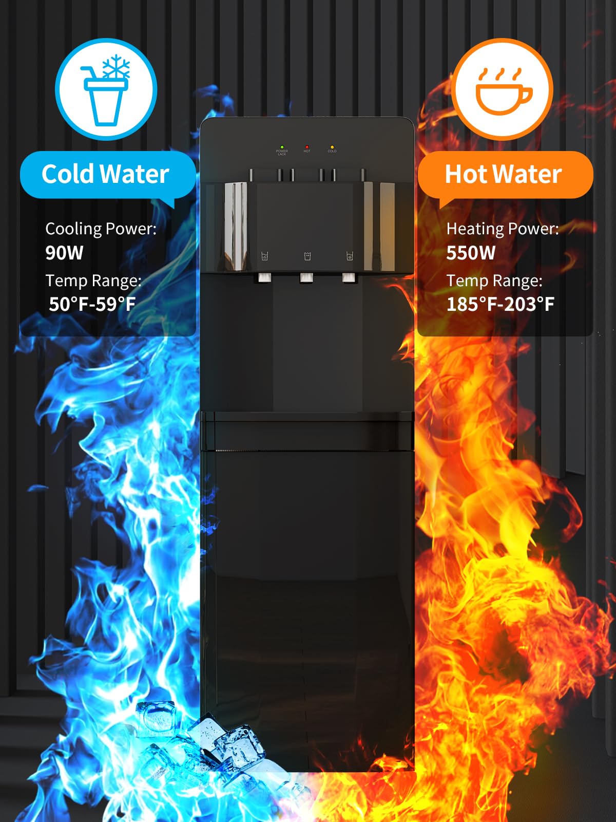 Tabu Hot & Cold Water Cooler Dispenser, Bottom Loading Holds 3 or 5 Gallon Bottle, with Anti-Scalding Design, Storage Cabinet and Child Safety Lock for Home, Office Use (Black)