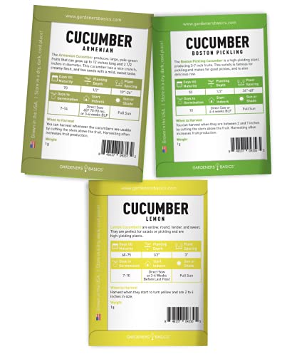 Cucumber Seeds for Planting Outdoors 5 Variety Pack Armenian, Boston Pickling, Lemon, Spacemaster, Straight Eight Veggie Seeds by Gardeners Basics