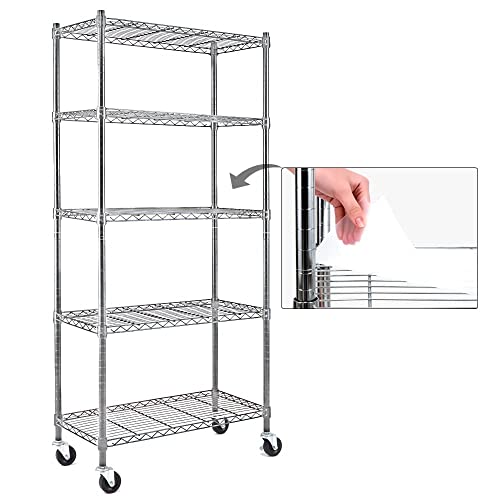 Catalina Creations EFINE Chrome 5-Shelf Shelving Unit on 3'' Wheels with Shelf Liners Set of 5, NSF Certified, Adjustable Heavy Duty Steel Wire Shelving Rack (30W x 14D x 63.7H) Pole Diameter 1 Inch