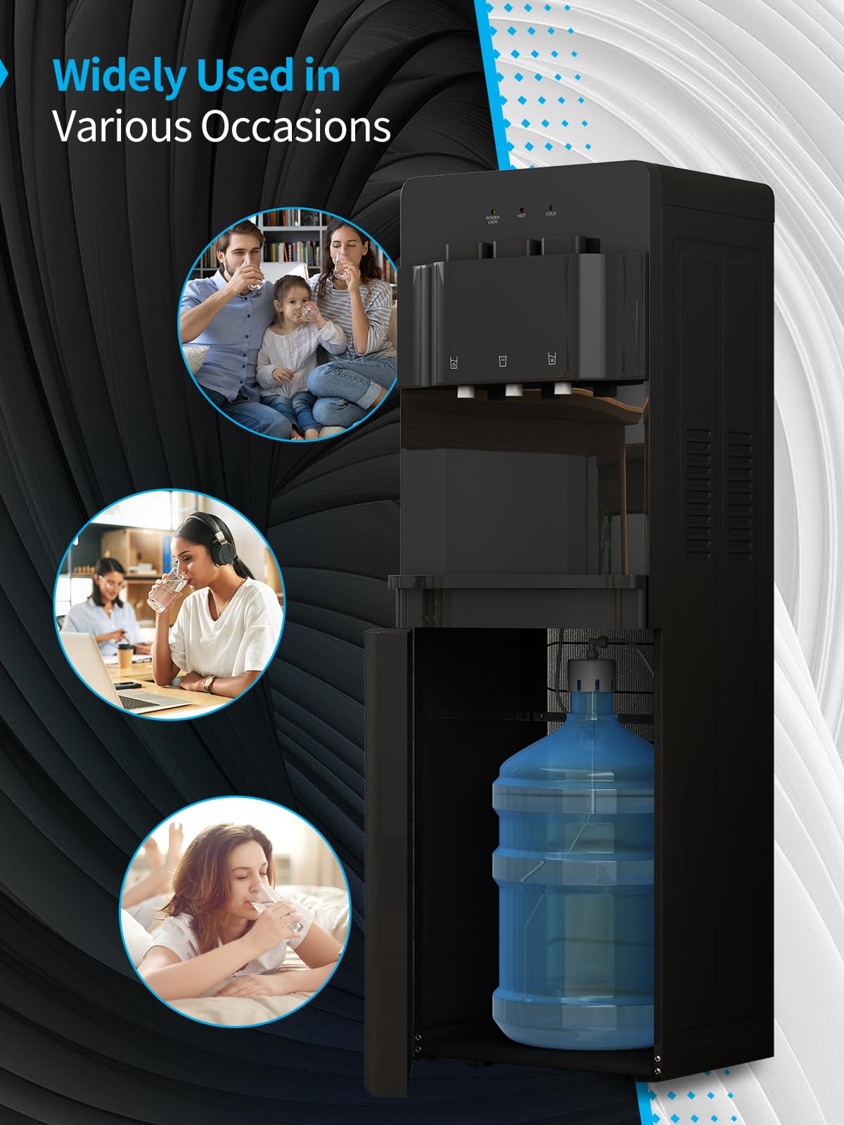 Tabu Hot & Cold Water Cooler Dispenser, Bottom Loading Holds 3 or 5 Gallon Bottle, with Anti-Scalding Design, Storage Cabinet and Child Safety Lock for Home, Office Use (Black)