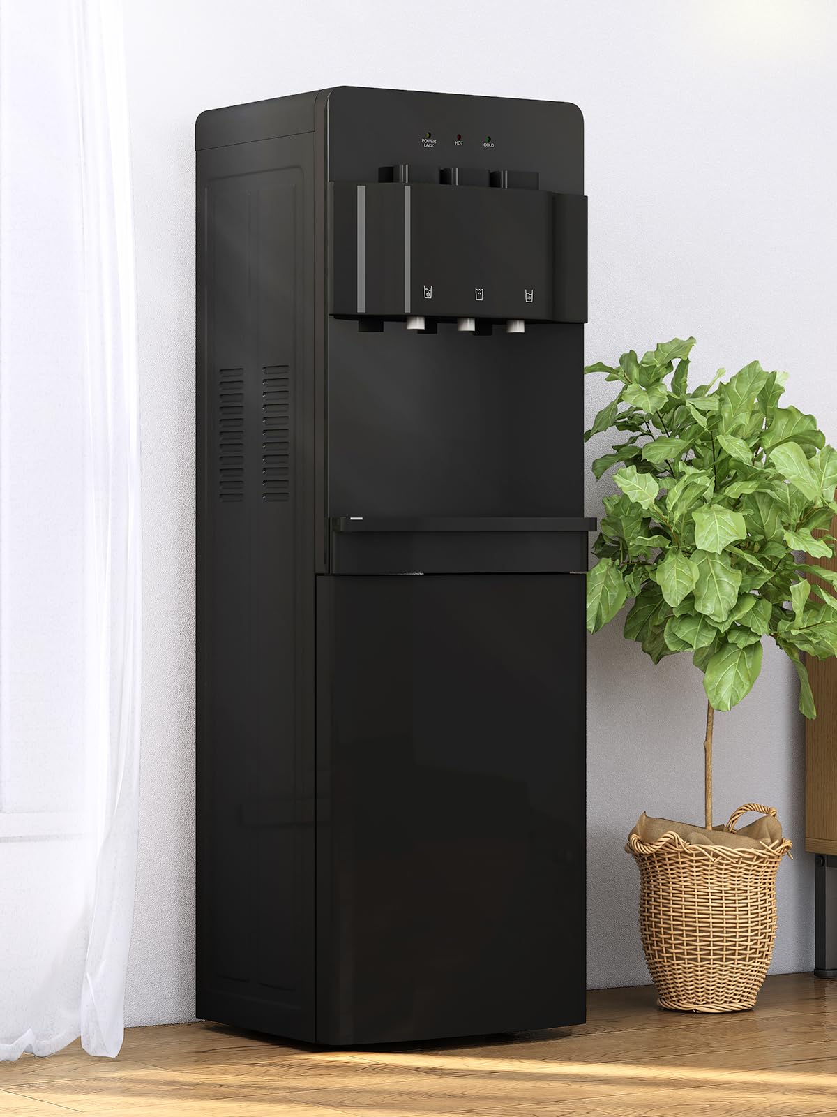Tabu Hot & Cold Water Cooler Dispenser, Bottom Loading Holds 3 or 5 Gallon Bottle, with Anti-Scalding Design, Storage Cabinet and Child Safety Lock for Home, Office Use (Black)