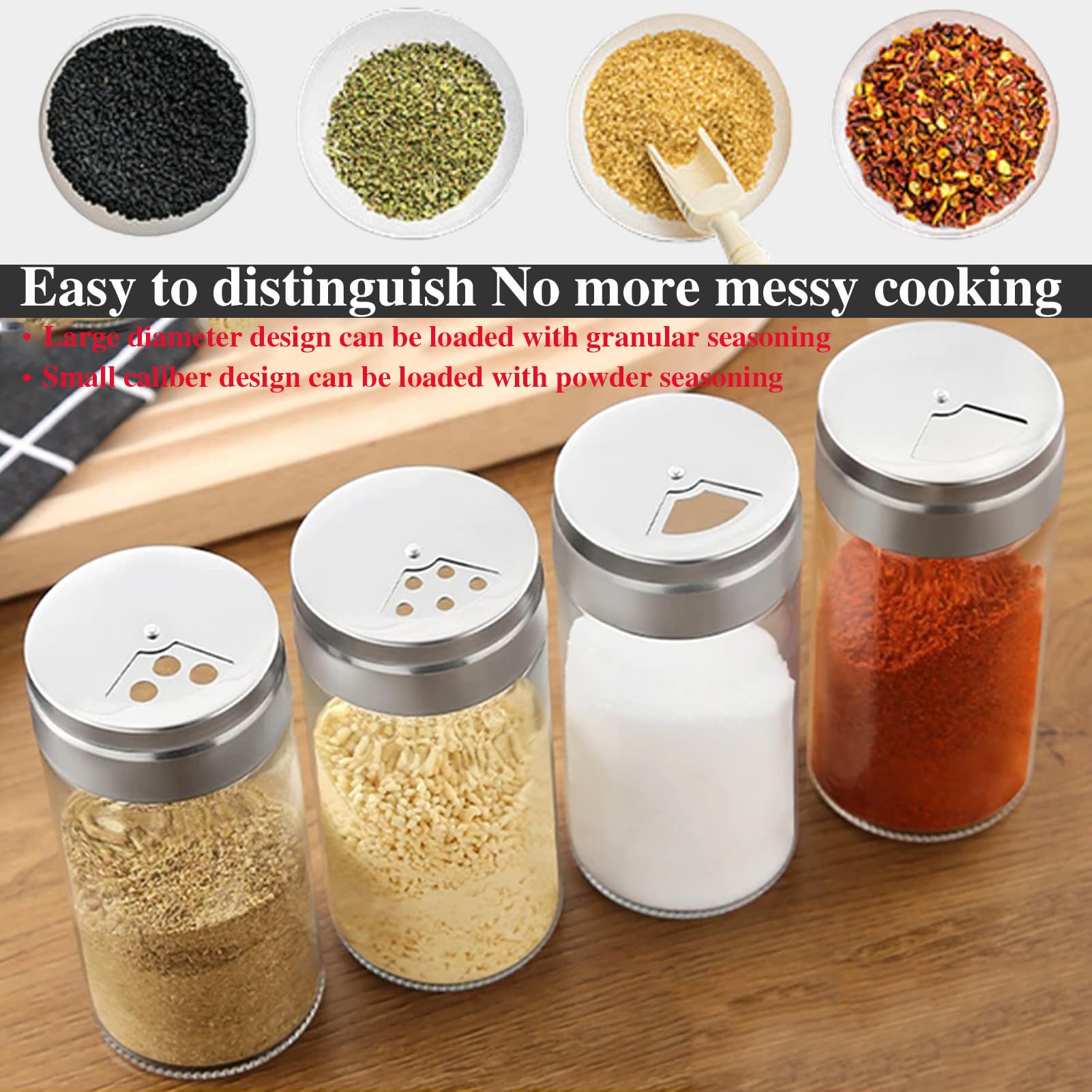 Salt and Pepper Shakers Set 4pcs, Spice Shaker for Kitchen, Pepper and Salt Container with Stainless Steel Lid, Glass Salt Shaker with Adjustable Pour Holes