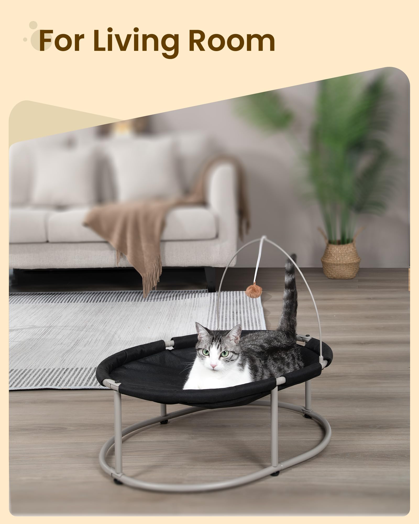 Hzuaneri Oval Raised Cat Bed, Elevated Pet Hammock, for Kitty Cat Small Dog with Pompom, Detachable and Washable, Easy Assembly Cat Cot Excellent Breathability, for Indoors & Outdoors, Black PB06701X