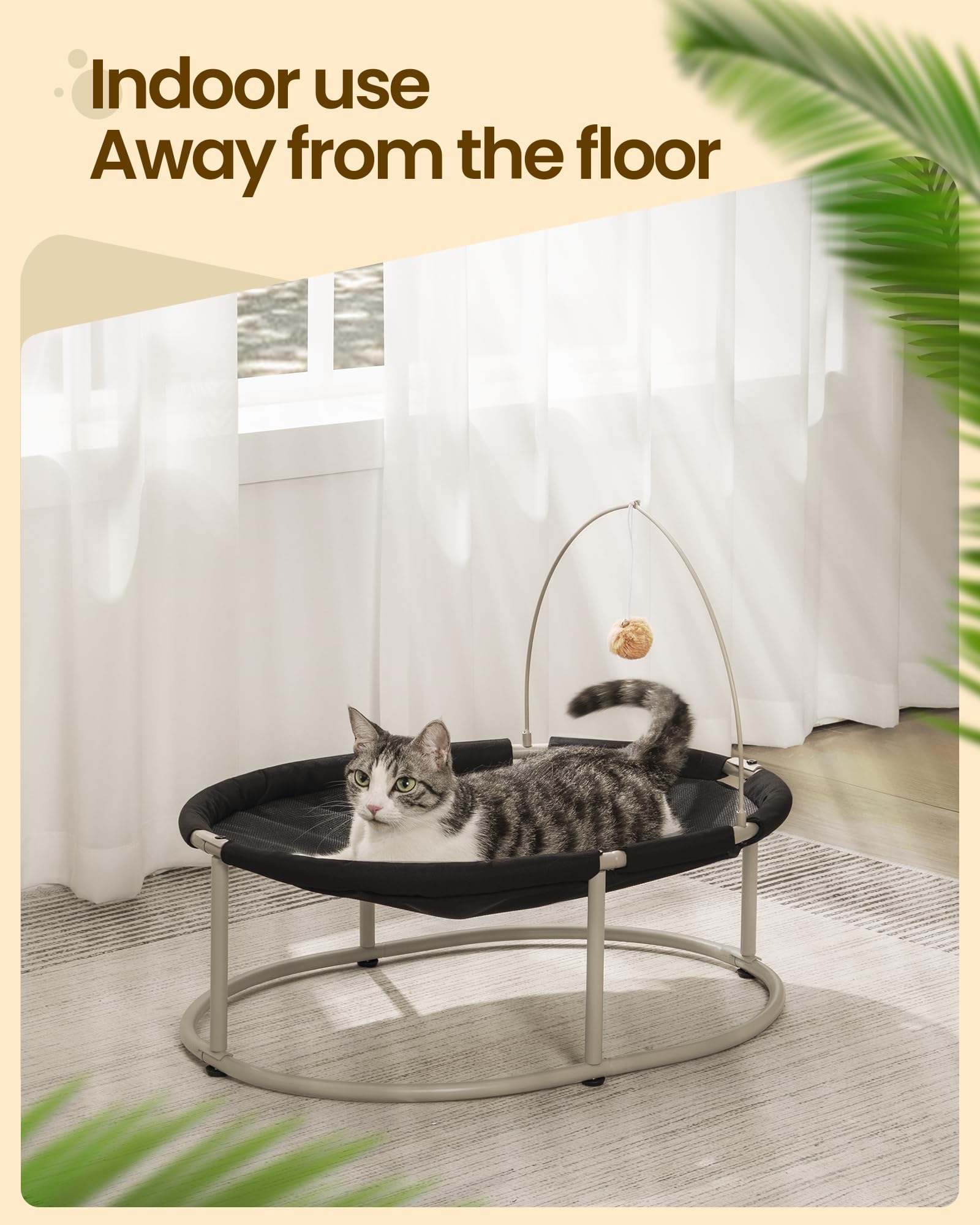 Hzuaneri Oval Raised Cat Bed, Elevated Pet Hammock, for Kitty Cat Small Dog with Pompom, Detachable and Washable, Easy Assembly Cat Cot Excellent Breathability, for Indoors & Outdoors, Black PB06701X