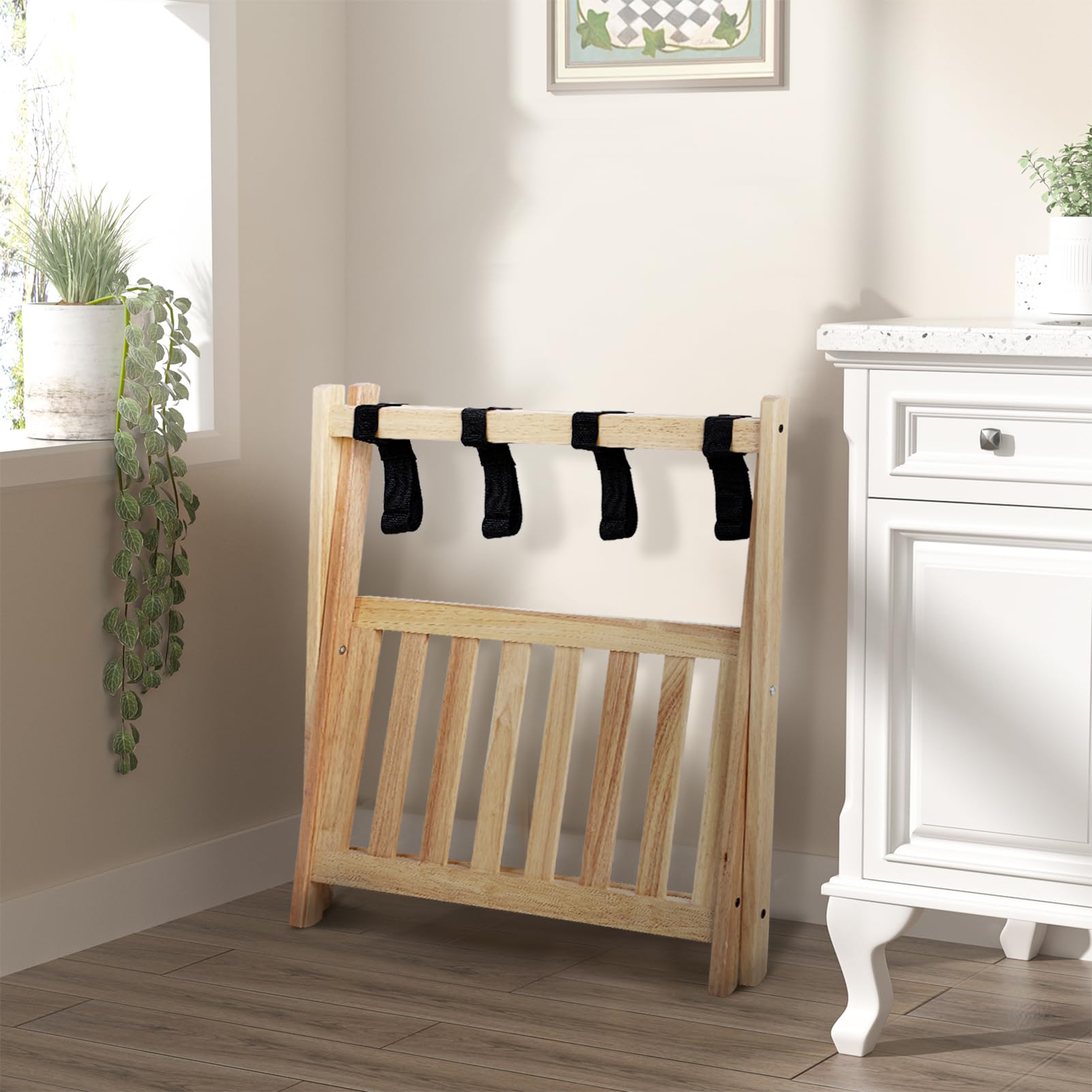 Babion Folding Luggage Racks with Shelf, Wooden Suitcase Stand, 2 Tier Foldable Luggage Racks with Heavy Duty Nylon Belts, Suitcase Bag Holder for Bedroom Guest Room, 4 Pack