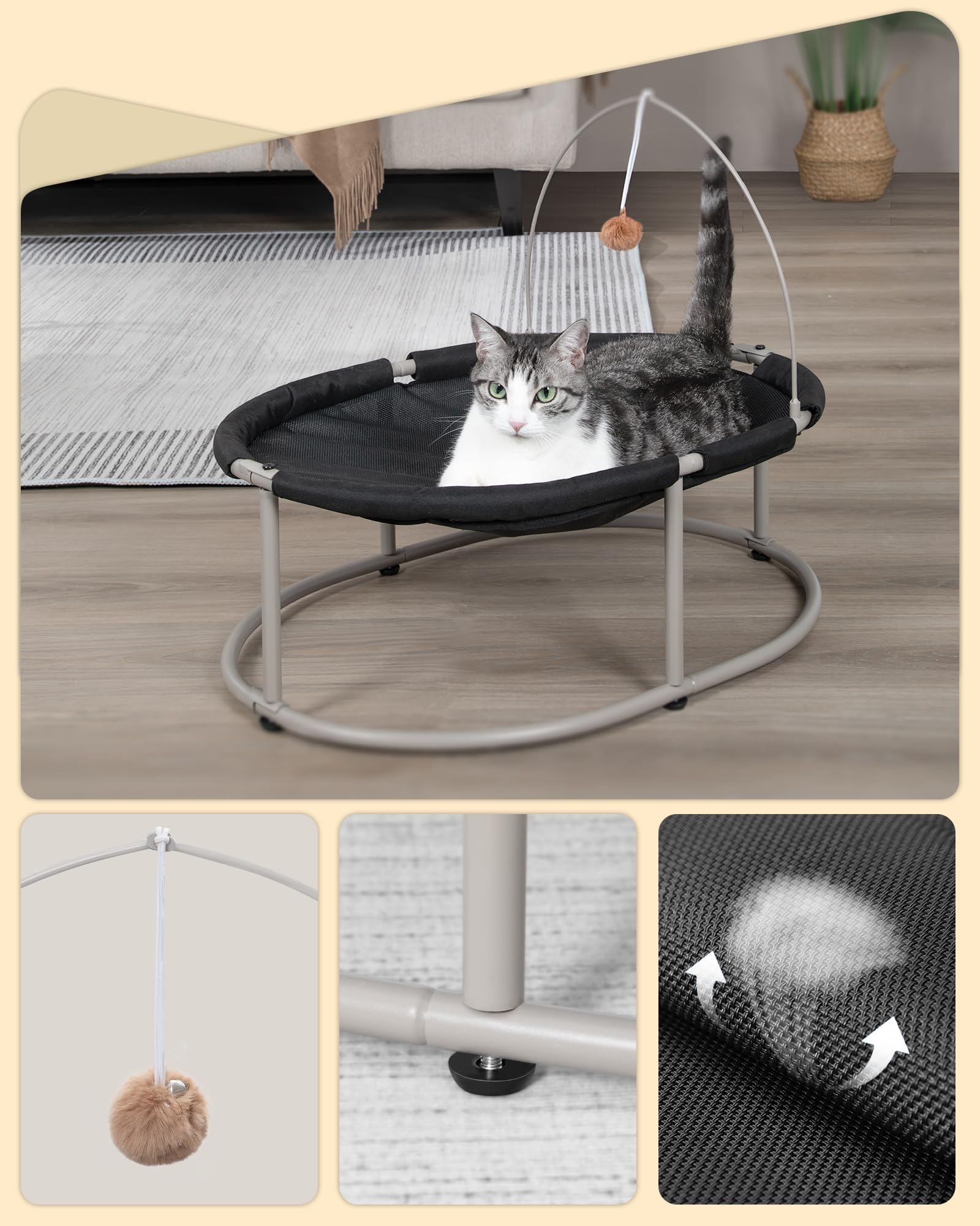 Hzuaneri Oval Raised Cat Bed, Elevated Pet Hammock, for Kitty Cat Small Dog with Pompom, Detachable and Washable, Easy Assembly Cat Cot Excellent Breathability, for Indoors & Outdoors, Black PB06701X