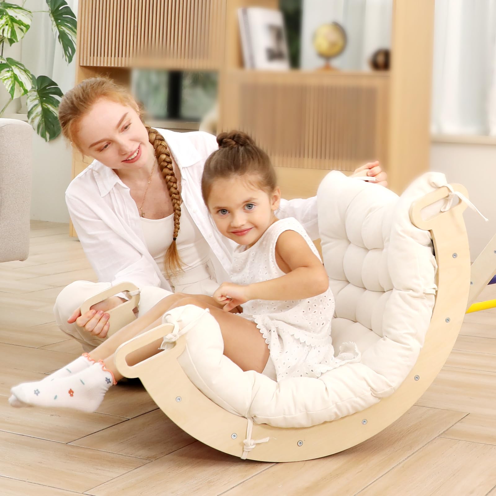 Ymonlia 2 in 1 Montessori Climbing Arch for Toddlers,Rainbow Wooden Climbing Arch Rocker& Cushion,Pillow for Arches，Climbing Triangle Ramp,Montessori Climbing Gym for Kids 0-8