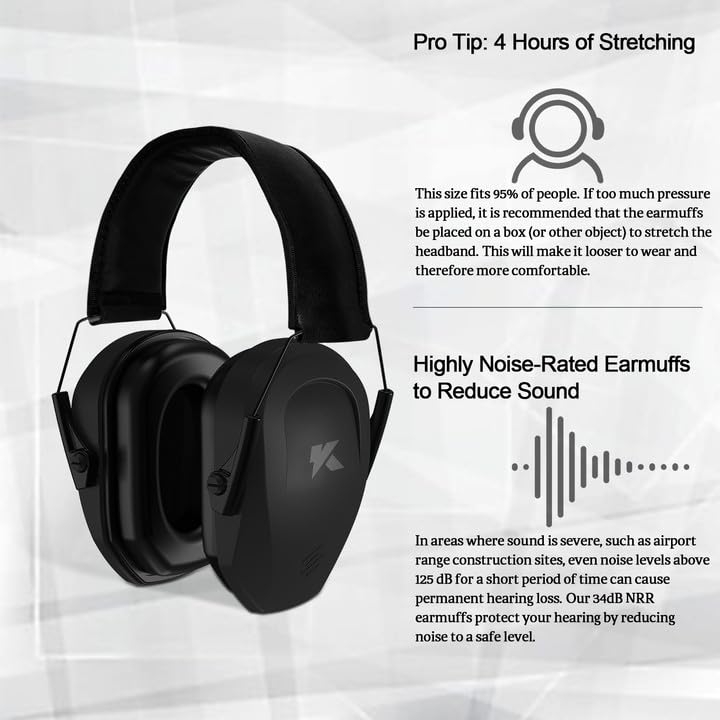 ucho 34dB Shooting Ear Protection - Maximum Hearing Protection for Gun Range, Slim Passive Noise Reduction Earmuffs(Black)