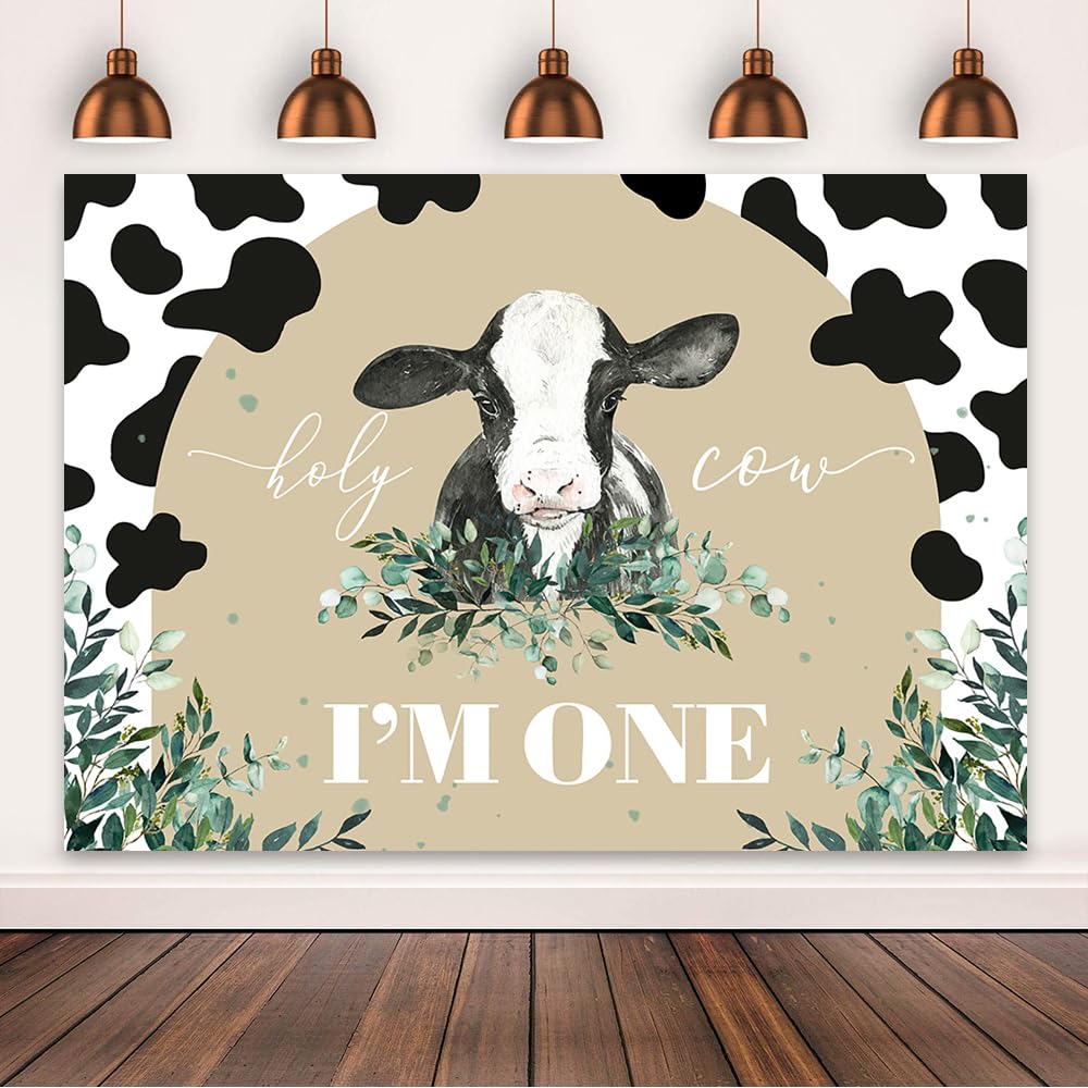 Mocsicka Holy Cow I'm One Backdrop Green Leaves Cow 1st Birthday Party Background Farm Boy Cow First Birthday Party Decorations Banner Photo Studio Props (7x5ft)