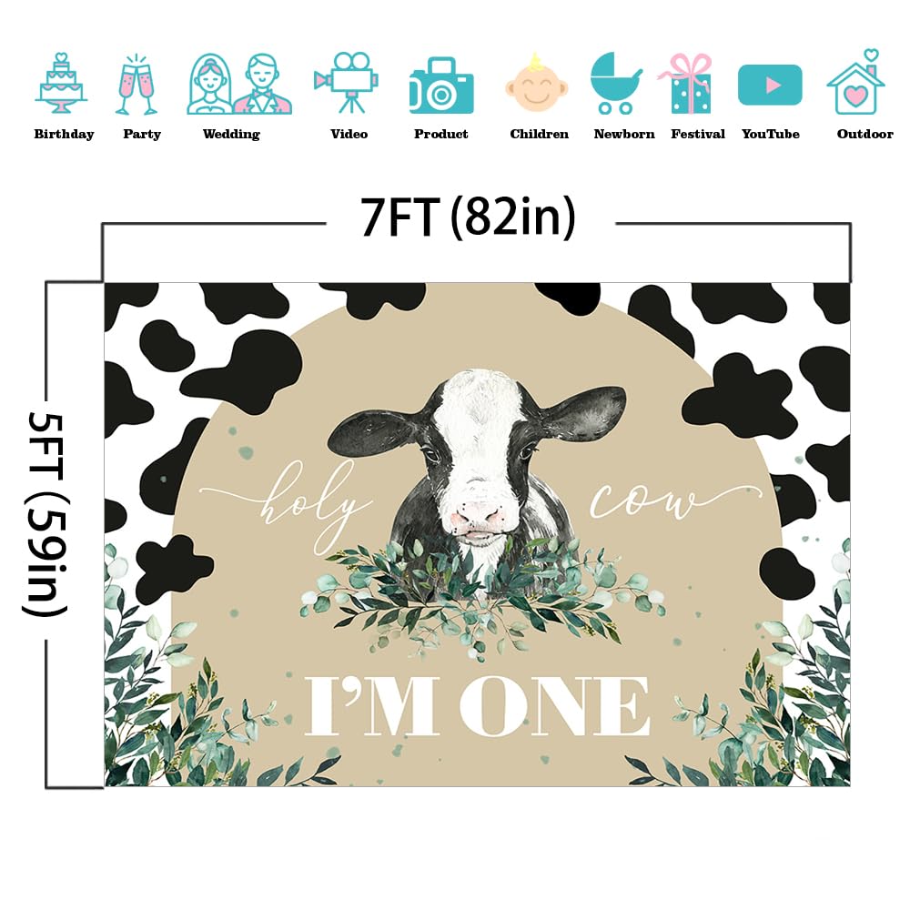 Mocsicka Holy Cow I'm One Backdrop Green Leaves Cow 1st Birthday Party Background Farm Boy Cow First Birthday Party Decorations Banner Photo Studio Props (7x5ft)