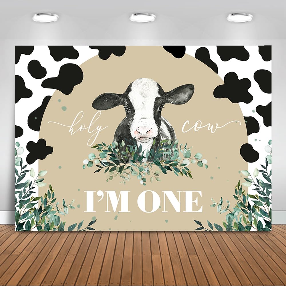 Mocsicka Holy Cow I'm One Backdrop Green Leaves Cow 1st Birthday Party Background Farm Boy Cow First Birthday Party Decorations Banner Photo Studio Props (7x5ft)