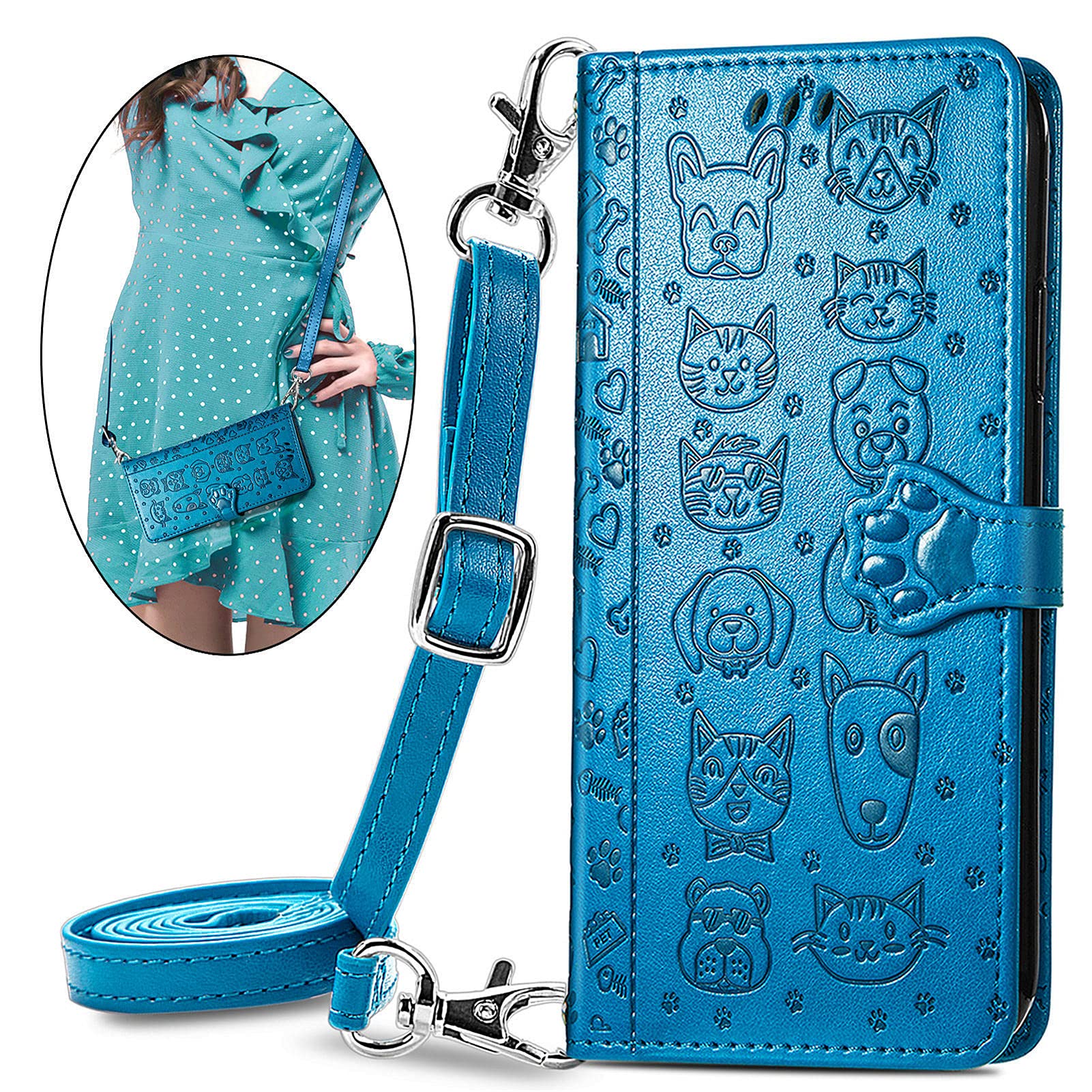 ONV Wallet Case Compatible with Samsung Galaxy S9 Plus - Adjustable Strap Animal Leather Case Folio Cover Card Holder Anti-Shock Stand Magnet Flip Case Compatible with Samsung Galaxy S9 Plus[MG] -Blue