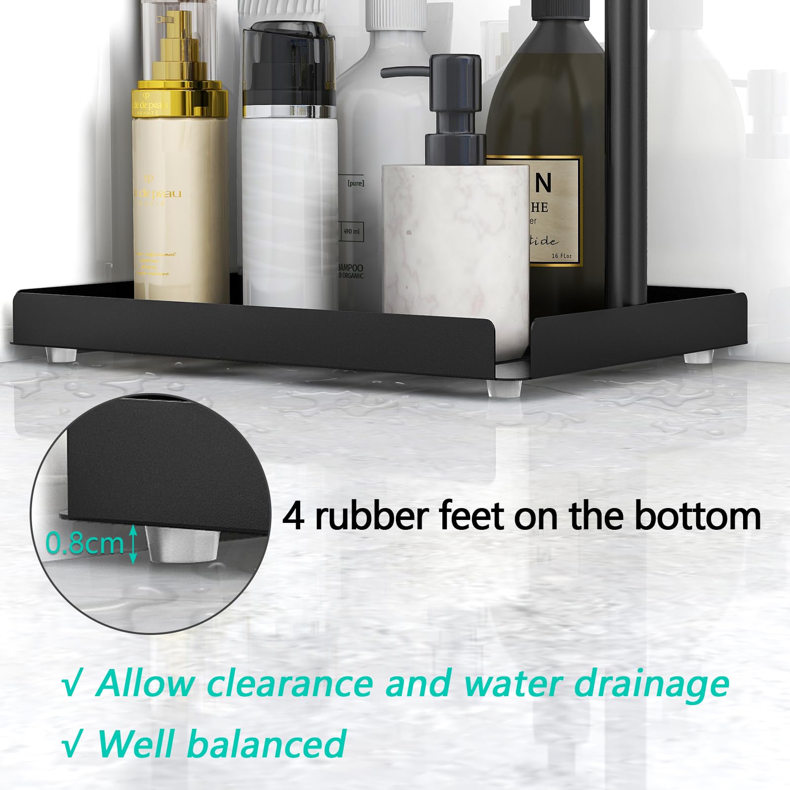 3 Tier Standing Shower Caddy Organizer Corner, Bathroom Shower Organizer with Handle, Bathroom Shower Shelf Caddy for Shampoo, Metal Shower Rack Stands for Inside Bathroom, Bathtub, Black