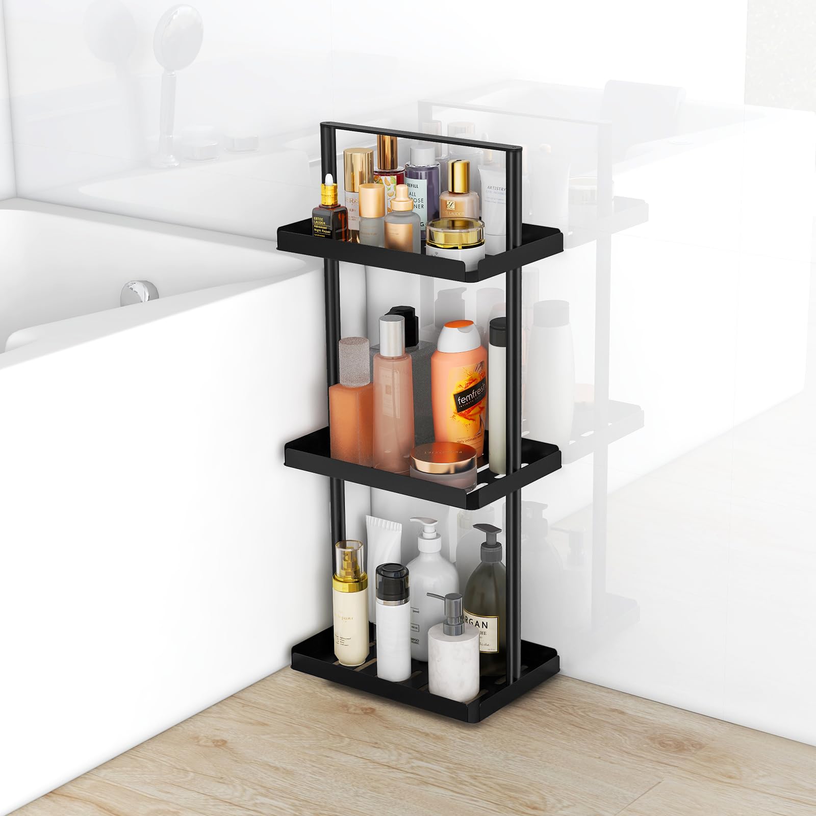 3 Tier Standing Shower Caddy Organizer Corner, Bathroom Shower Organizer with Handle, Bathroom Shower Shelf Caddy for Shampoo, Metal Shower Rack Stands for Inside Bathroom, Bathtub, Black