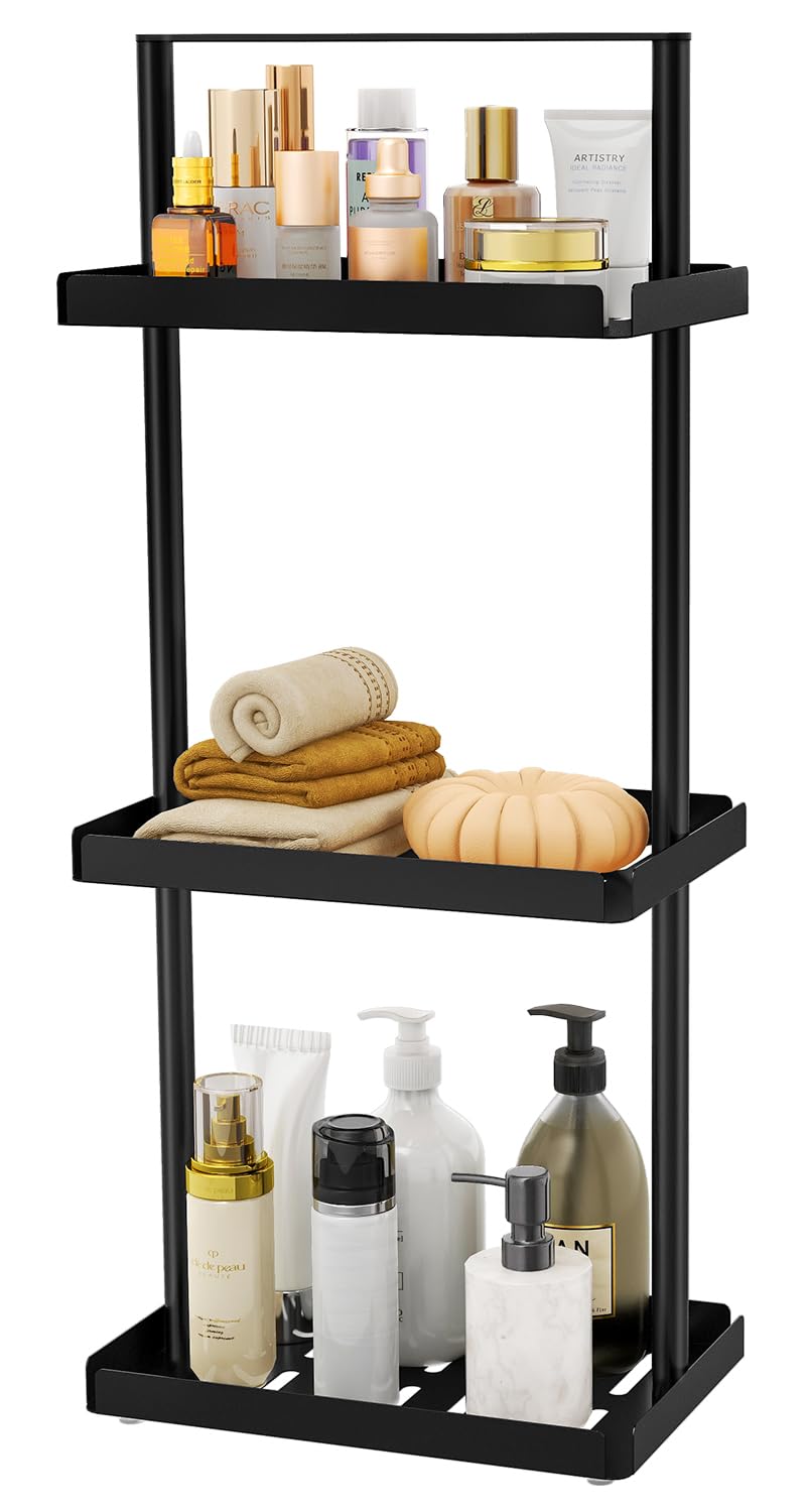 3 Tier Standing Shower Caddy Organizer Corner, Bathroom Shower Organizer with Handle, Bathroom Shower Shelf Caddy for Shampoo, Metal Shower Rack Stands for Inside Bathroom, Bathtub, Black