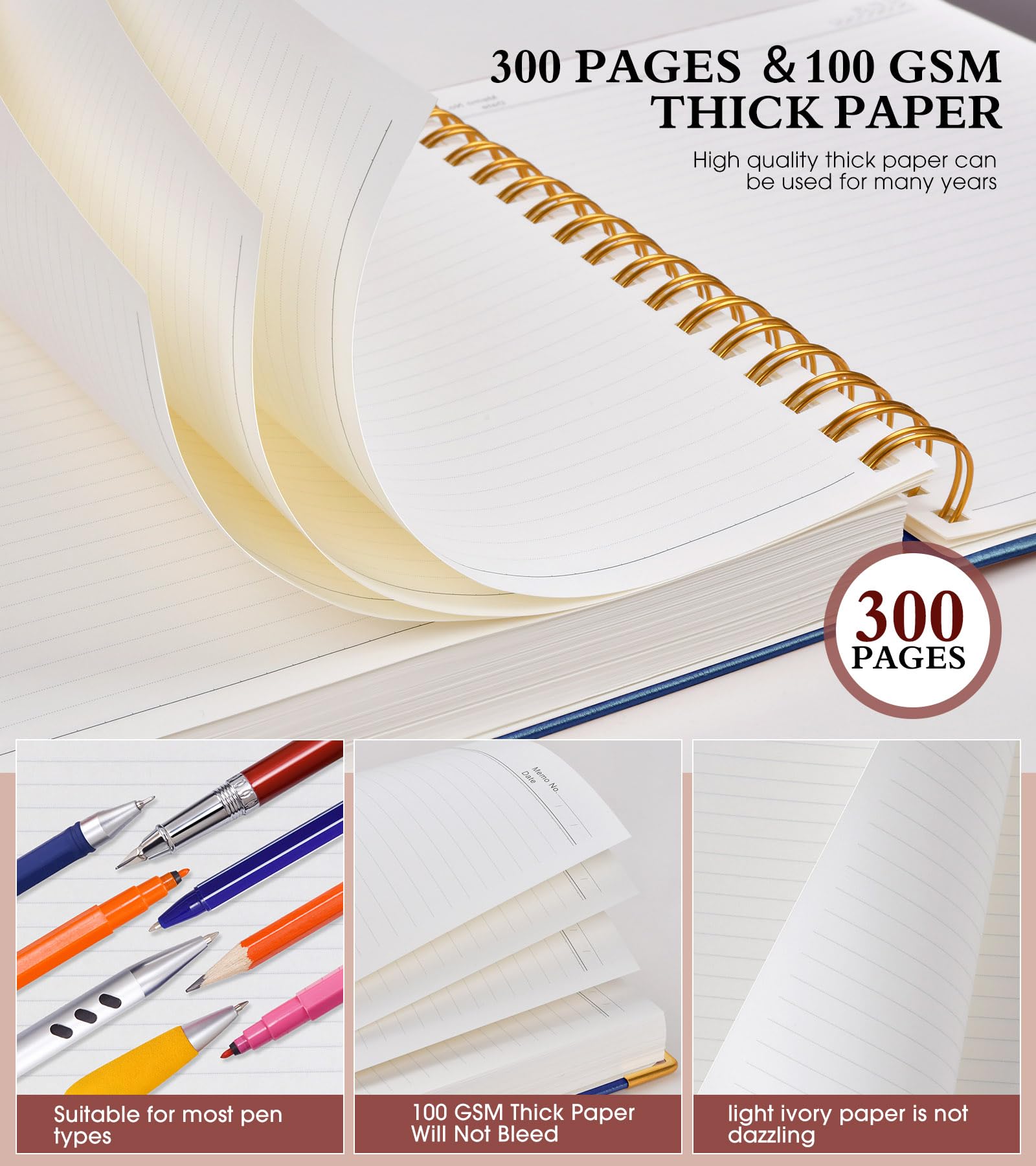 Spiral Notebook Journal 8.5” x 11”, 300 Pages Hardcover Leather Lined Journals for Women Men, A4 Large College Ruled Notebooks with 100 GSM Thick Paper, Spiral Journal for Writing Work School, Navy