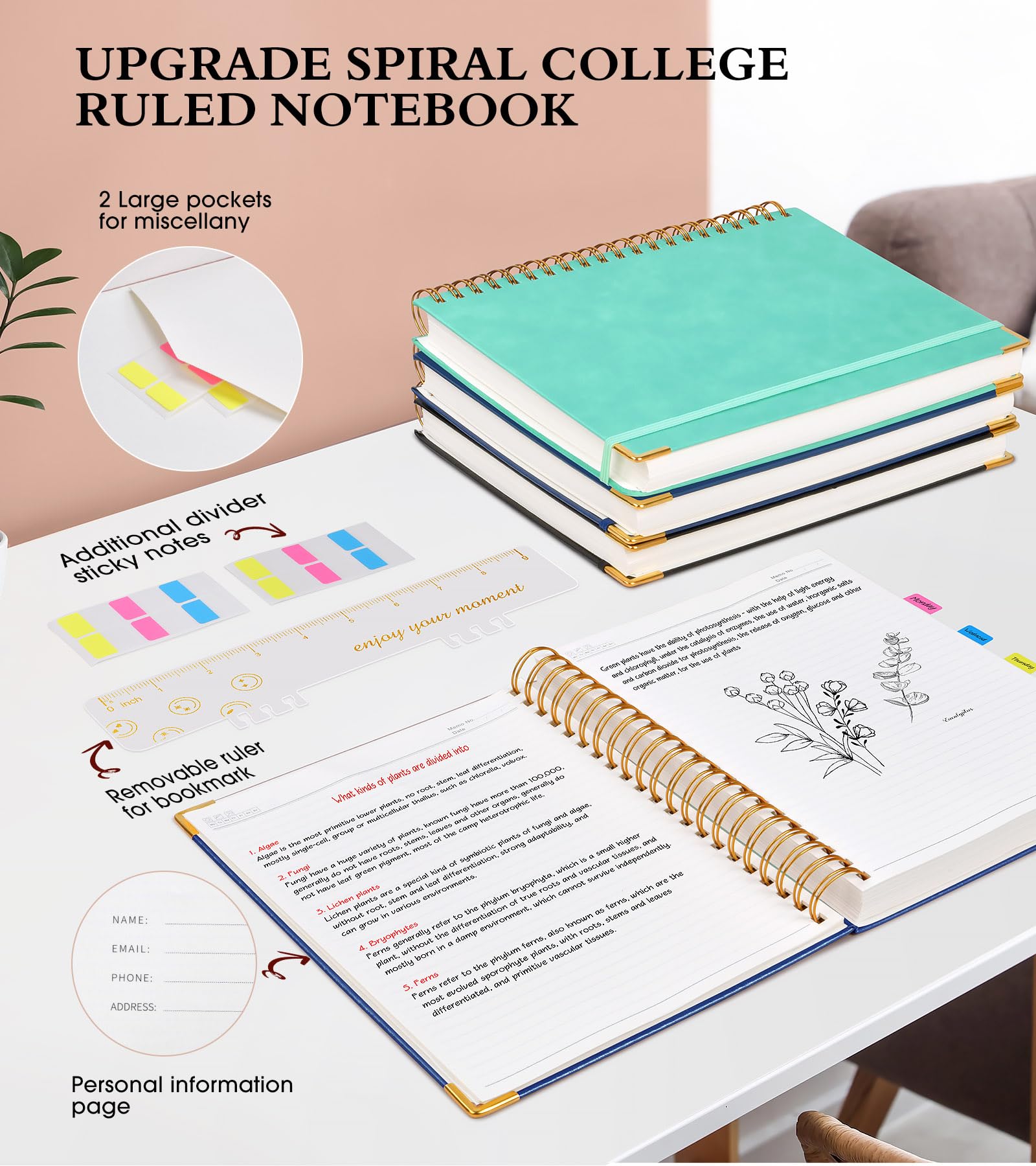 Spiral Notebook Journal 8.5” x 11”, 300 Pages Hardcover Leather Lined Journals for Women Men, A4 Large College Ruled Notebooks with 100 GSM Thick Paper, Spiral Journal for Writing Work School, Navy
