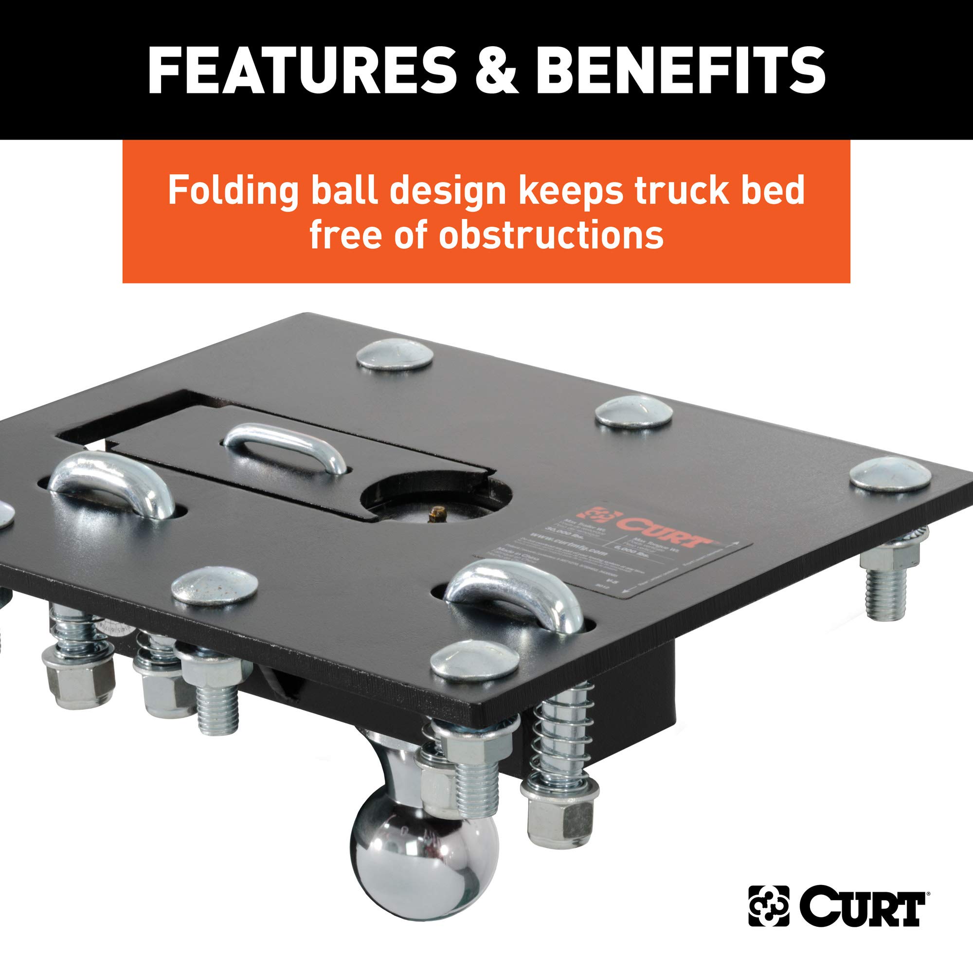 CURT 61052 Over-Bed Folding Ball Gooseneck Hitch, 30,000 lbs, 2-5/16-Inch Ball , Black