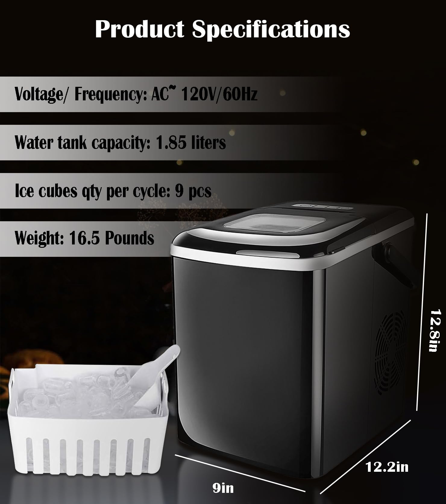 EVAMOKE Ice Makers Countertop with Handle, Nugget Ice Cubes Ice Machine with Basket and Ice Scoop, Portable Ice Maker 9 Cubes Ice Black Mini Bullet Ice Maker Small, Ice Maker for Home&Kitchen&Office
