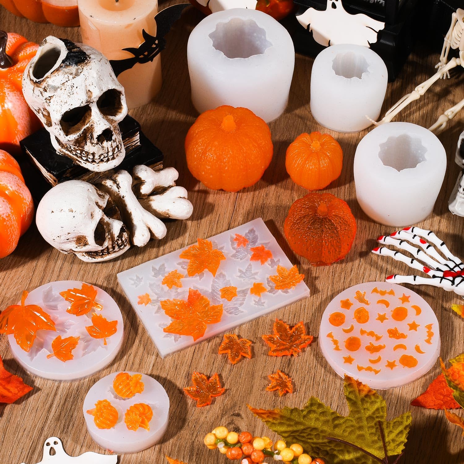 7 Pcs Pumpkin Candle Molds, Halloween Silicone Mold for DIY Craft Making Decoration Supplies, Thanksgiving Maple Mold and Ghost Mold for Candle, Chocolate, Candy, Clay, Soap, Butter Crafting Projects