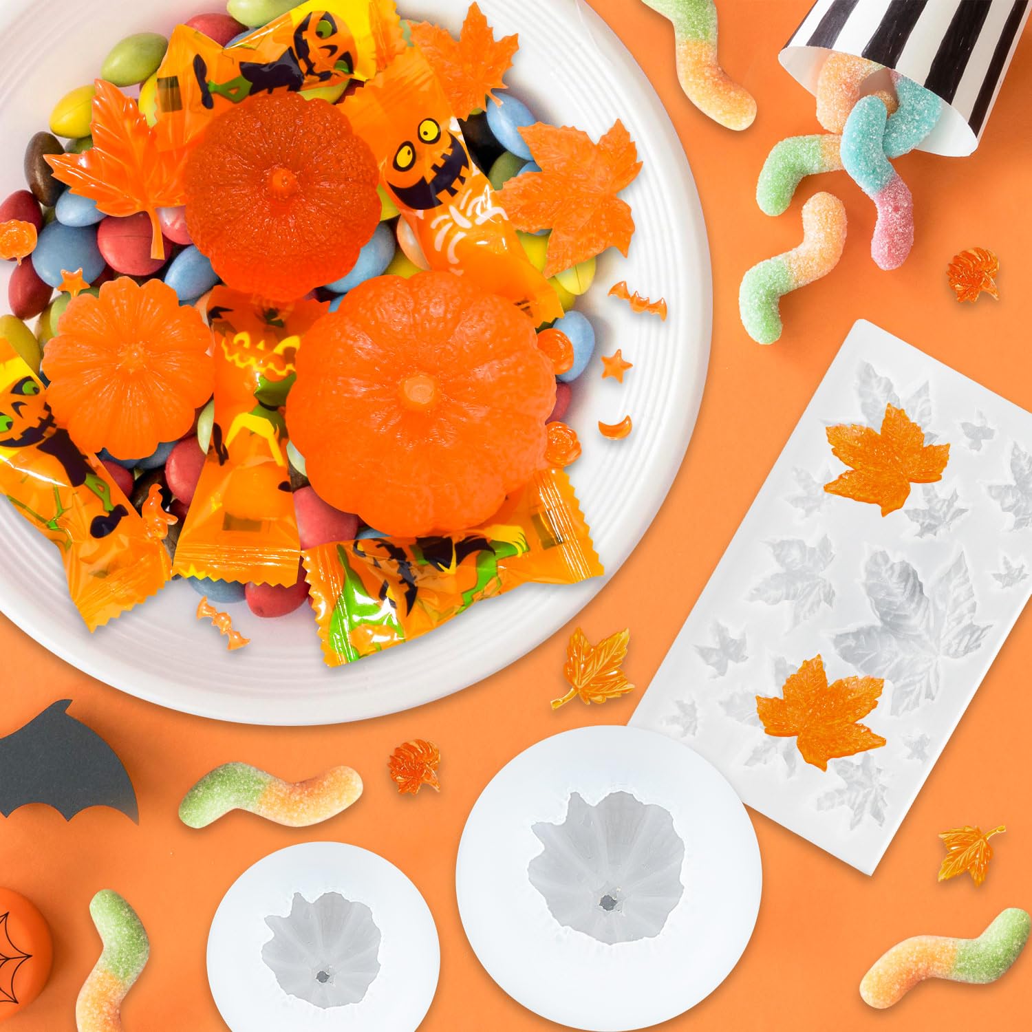 7 Pcs Pumpkin Candle Molds, Halloween Silicone Mold for DIY Craft Making Decoration Supplies, Thanksgiving Maple Mold and Ghost Mold for Candle, Chocolate, Candy, Clay, Soap, Butter Crafting Projects
