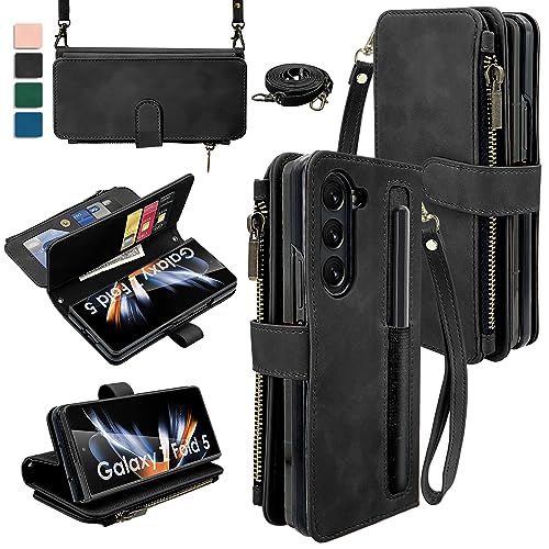 ZIULQIK for Samsung Galaxy Z Fold 5 Case, PU Leather Z Fold 5 Wallet Cases with S Pen Holder & Wrist Crossbody Strap & Card Holder Black