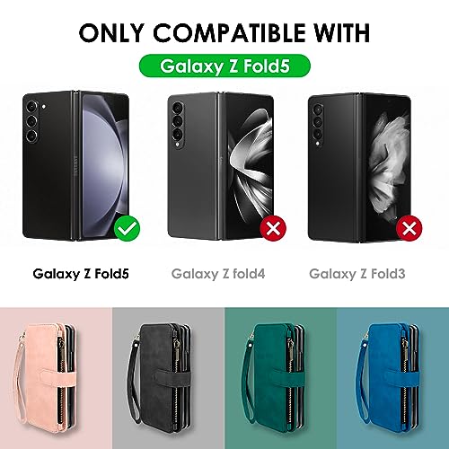 ZIULQIK for Samsung Galaxy Z Fold 5 Case, PU Leather Z Fold 5 Wallet Cases with S Pen Holder & Wrist Crossbody Strap & Card Holder Blue