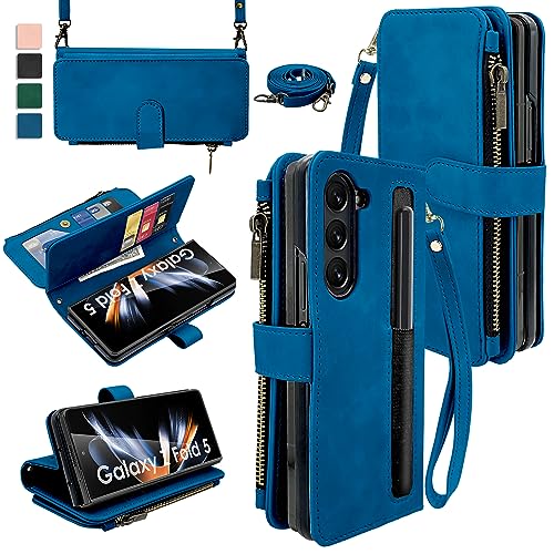 ZIULQIK for Samsung Galaxy Z Fold 5 Case, PU Leather Z Fold 5 Wallet Cases with S Pen Holder & Wrist Crossbody Strap & Card Holder Blue