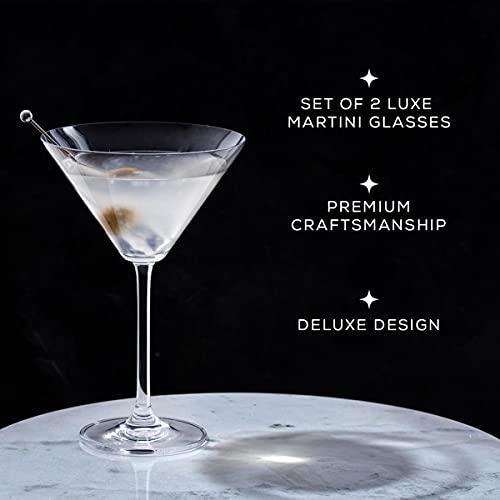 JoyJolt Olivia Crystal Martini Glasses - Premium Glassware Set Made in Europe - 9.2 oz Tall Martini Glasses - Elegant Cocktail Glasses - Set of 2 Martini Glass for Drinks such as Martini or Manhattan