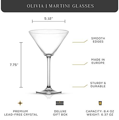 JoyJolt Olivia Crystal Martini Glasses - Premium Glassware Set Made in Europe - 9.2 oz Tall Martini Glasses - Elegant Cocktail Glasses - Set of 2 Martini Glass for Drinks such as Martini or Manhattan